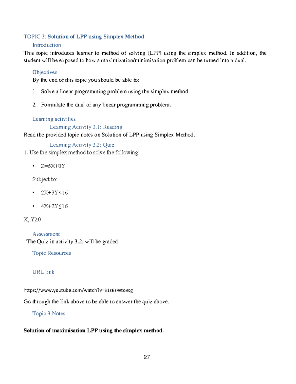 Class two Mathematics FOR Economists III - TOPIC 3: Solution of LPP using Simplex Method - Studocu