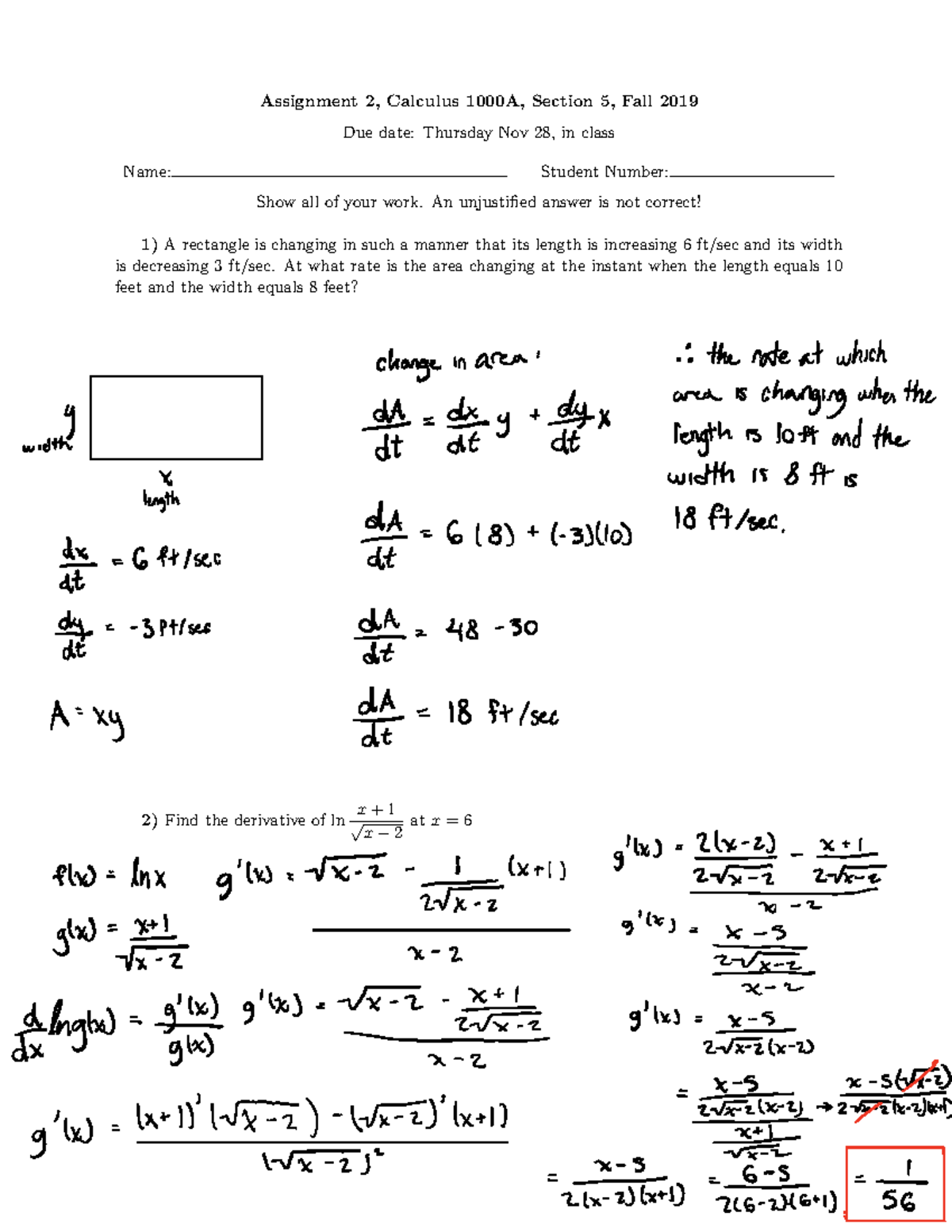 Calculus Assignment 2 - Assignment 2, Calculus 1000A, Section 5, Fall ...