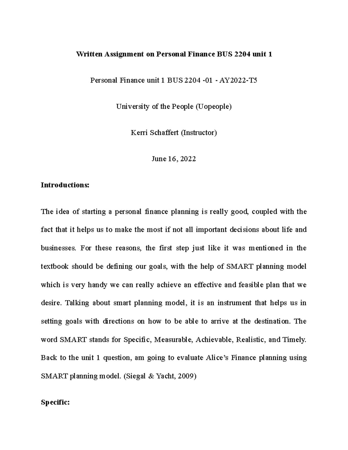 Written Assignment on Personal Finance unit 1 - Written Assignment on ...