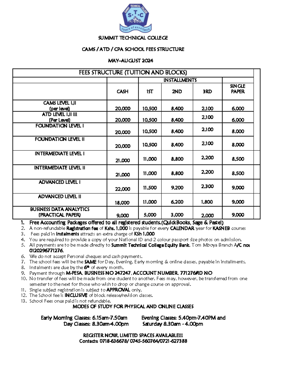 CPA FEES Structure MAY - August 2024-1 - SUMMIT TECHNICAL COLLEGE CAMS ...