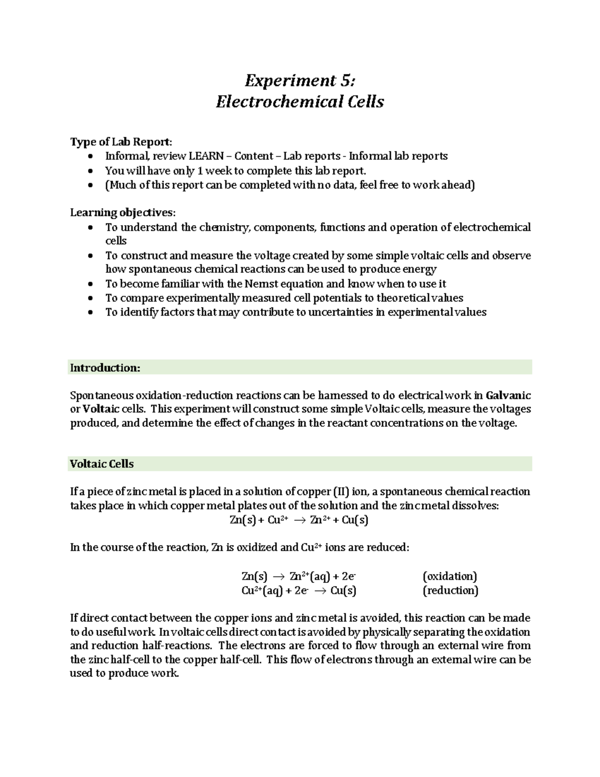Experiment 5 Electrochemical cells background and procedure ...