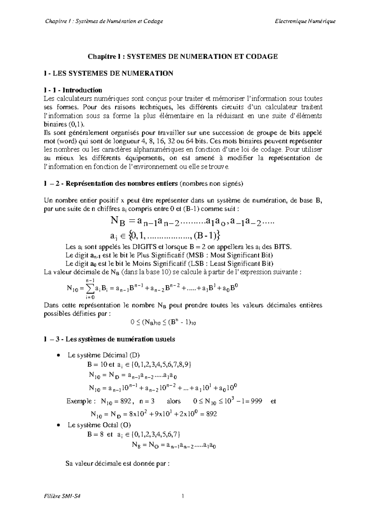 Cours éléctronique numérique - Chapitre I : Systèmes de Numération et ...
