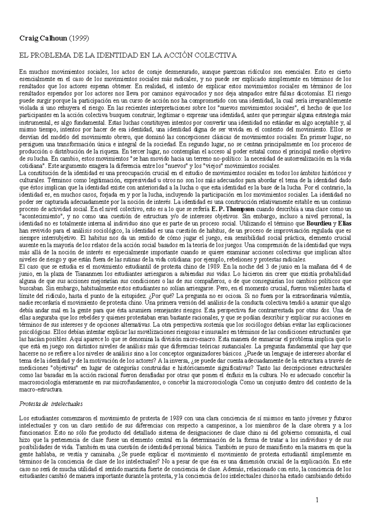 Resumen Craig Calhoun 1999 El problema de la identidad en la accion ...