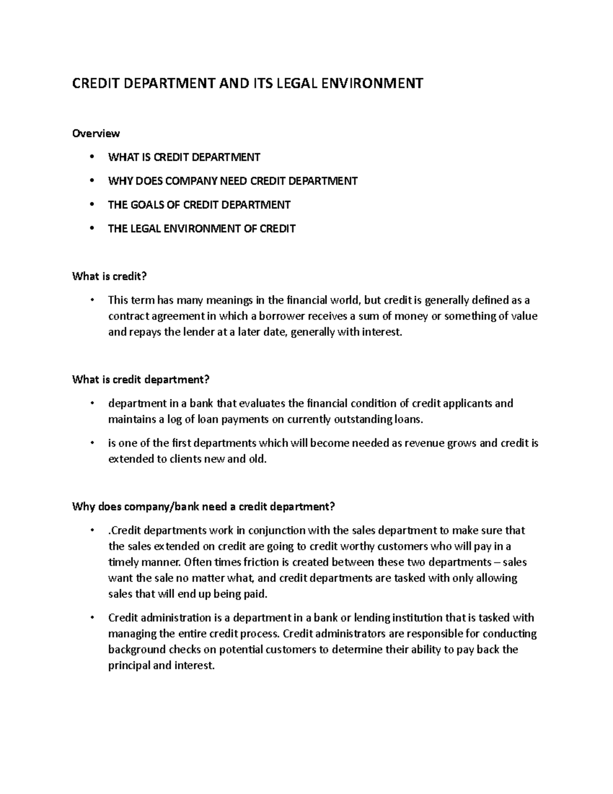 Credit Department AND ITS Legal Environment - CREDIT DEPARTMENT AND ITS ...