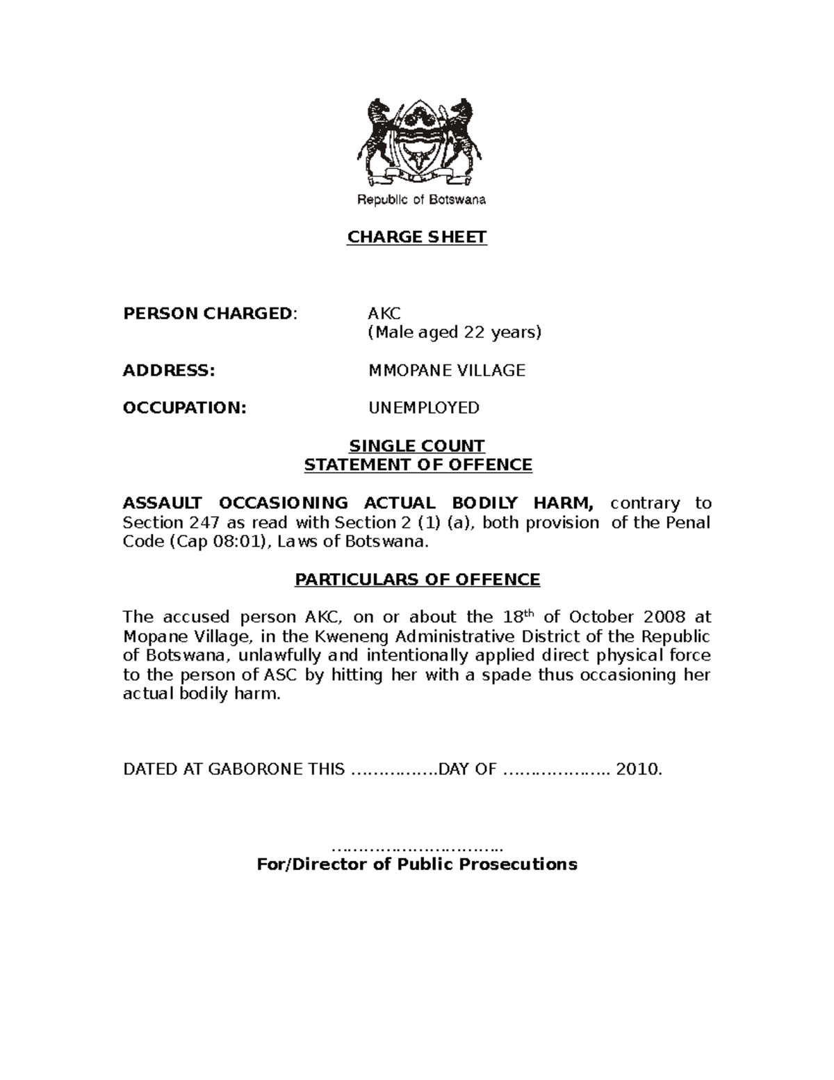 Charge sheet - Civil procedure summaries - PERSON CHARGED: AKC (Male ...