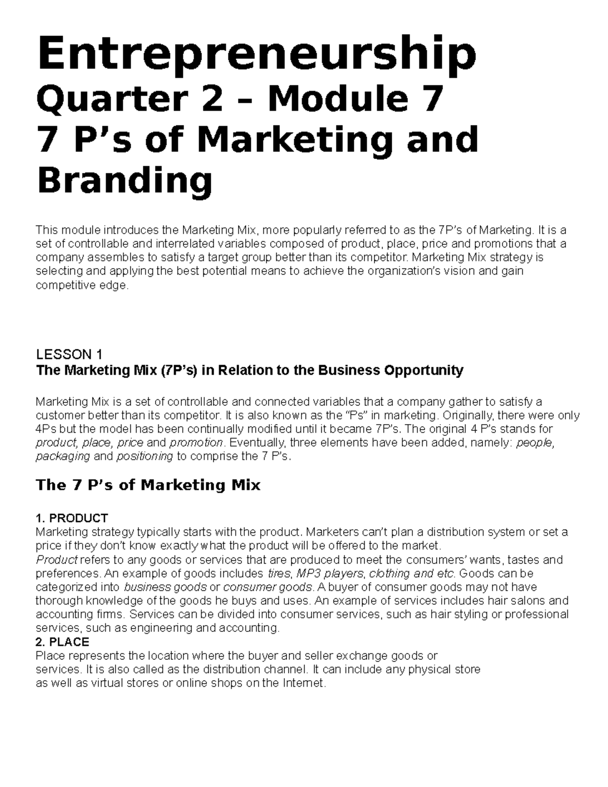 Entrep module 7 - Entrepreneurship Quarter 2 – Module 7 7 P’s of ...