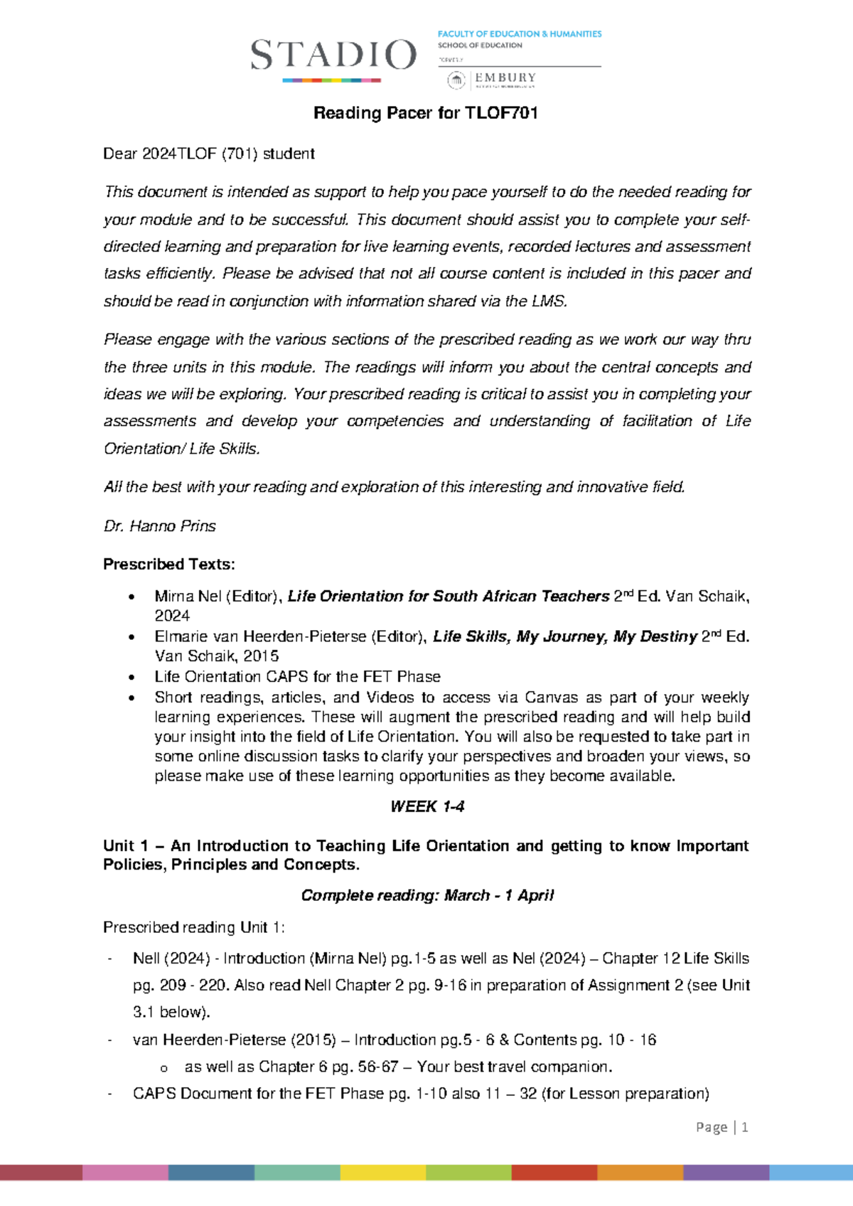 PGCE - TLOF 701 Reading Pacer for 2023 - Dr.HPr (2) - Page | 1 Reading ...