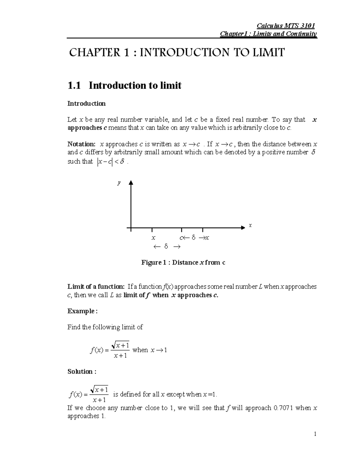 MTS3101 Chapter 1 (notes) - Chapter1 : Limits and Continuity 1 ...