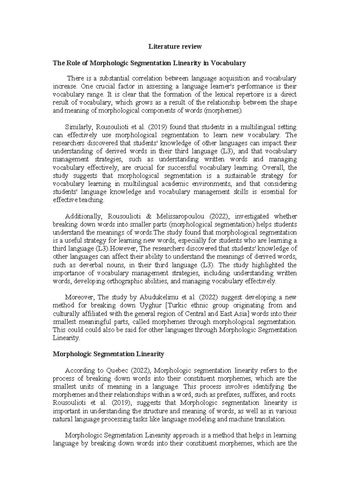 Literature review - N/A - Literature review The Role of Morphologic ...