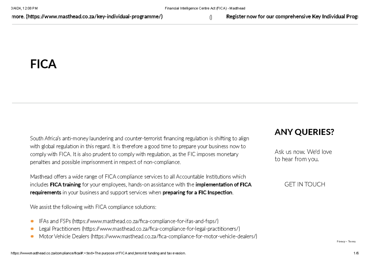 Financial Intelligence Centre Act (FICA) - Masthead - more. - Studocu