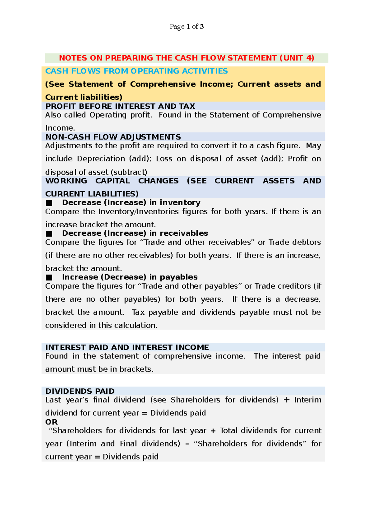 CASH FLOW Statement Notes - Page 1 of 3 NOTES ON PREPARING THE CASH ...