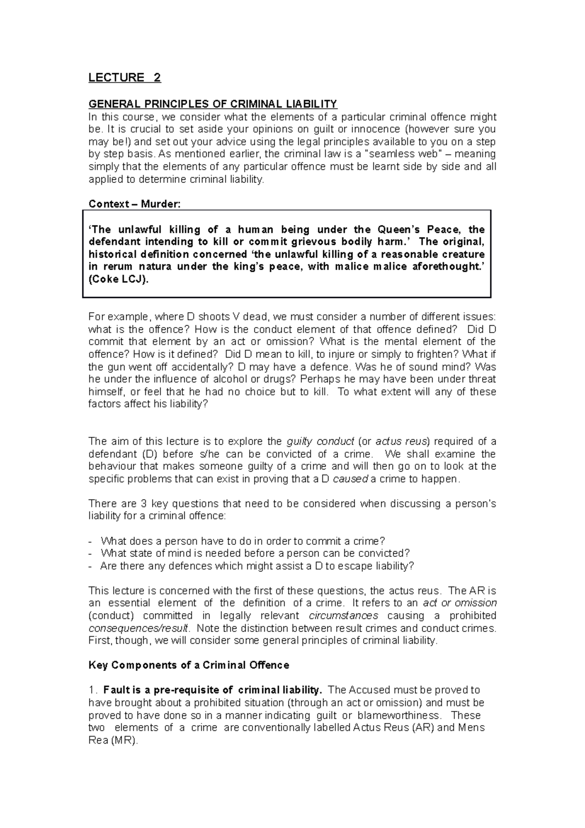 General Principles of Criminal Liability - LECTURE 2 GENERAL PRINCIPLES ...