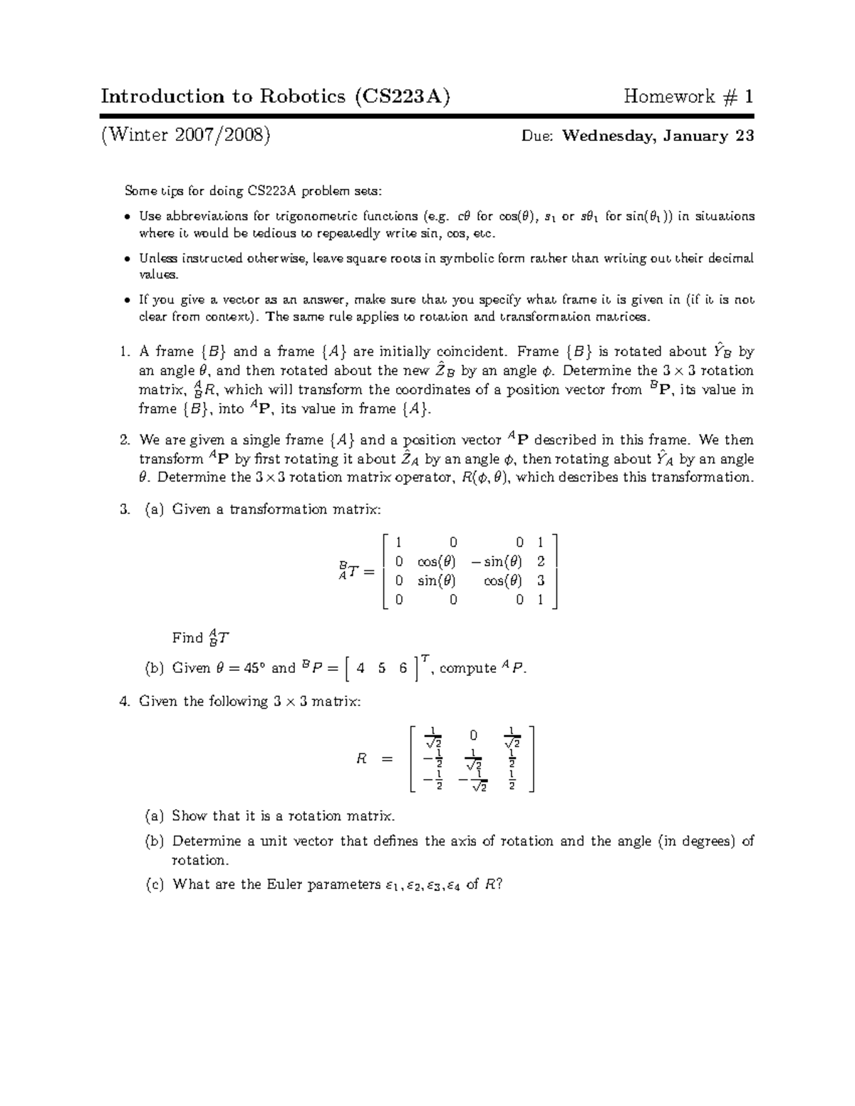 Homework 1homework 1homework 1homework 1homework 1 Introduction To Robotics Cs223a Homework 8443