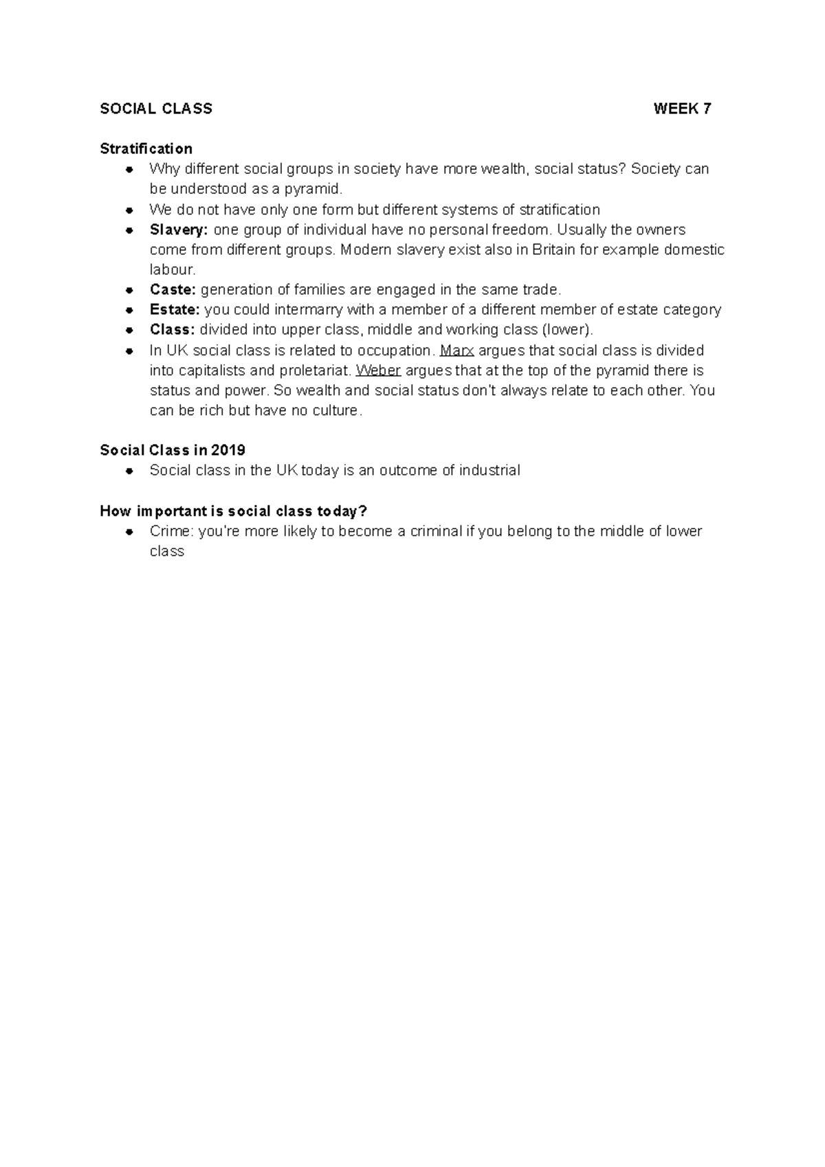 Social Class WEEK 7 - Lecture notes 7 - SOCIAL CLASS WEEK 7 ...