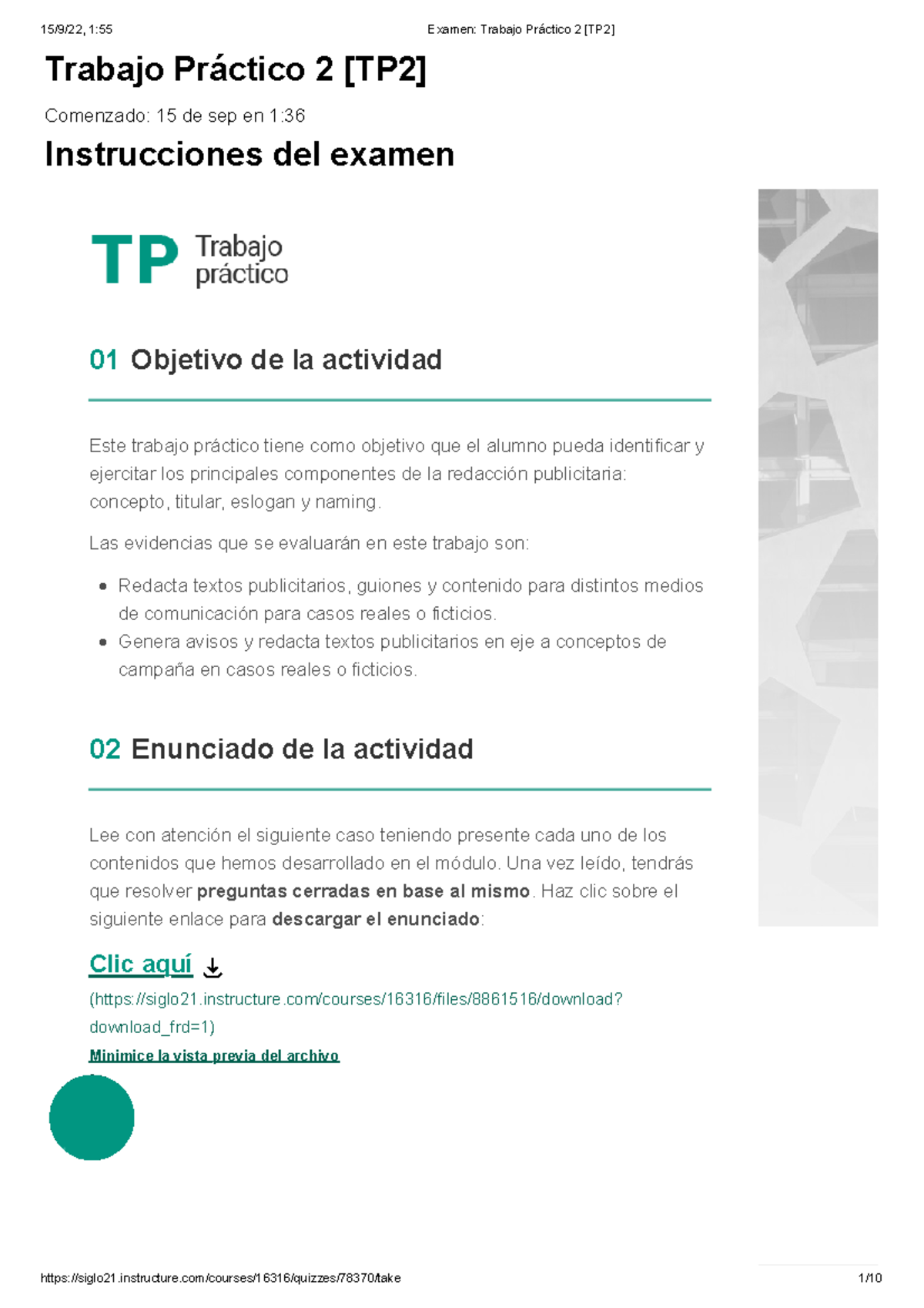 Examen Trabajo Práctico 2 [TP2] Redacción Publicitaria. 90% - Trabajo Práctico 2 [TP2] Comenzado ...