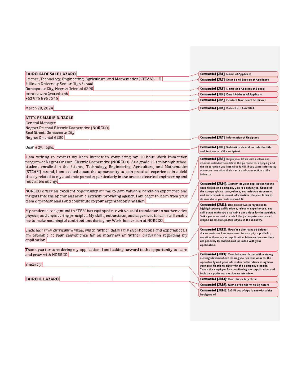 Sample Application Letter and CV (with annotations) - CAIRO KADUSALE ...