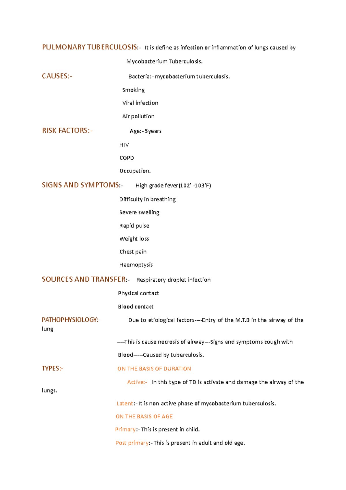 Pulmonary Tuberculosis - PULMONARY TUBERCULOSIS:- It is define as ...