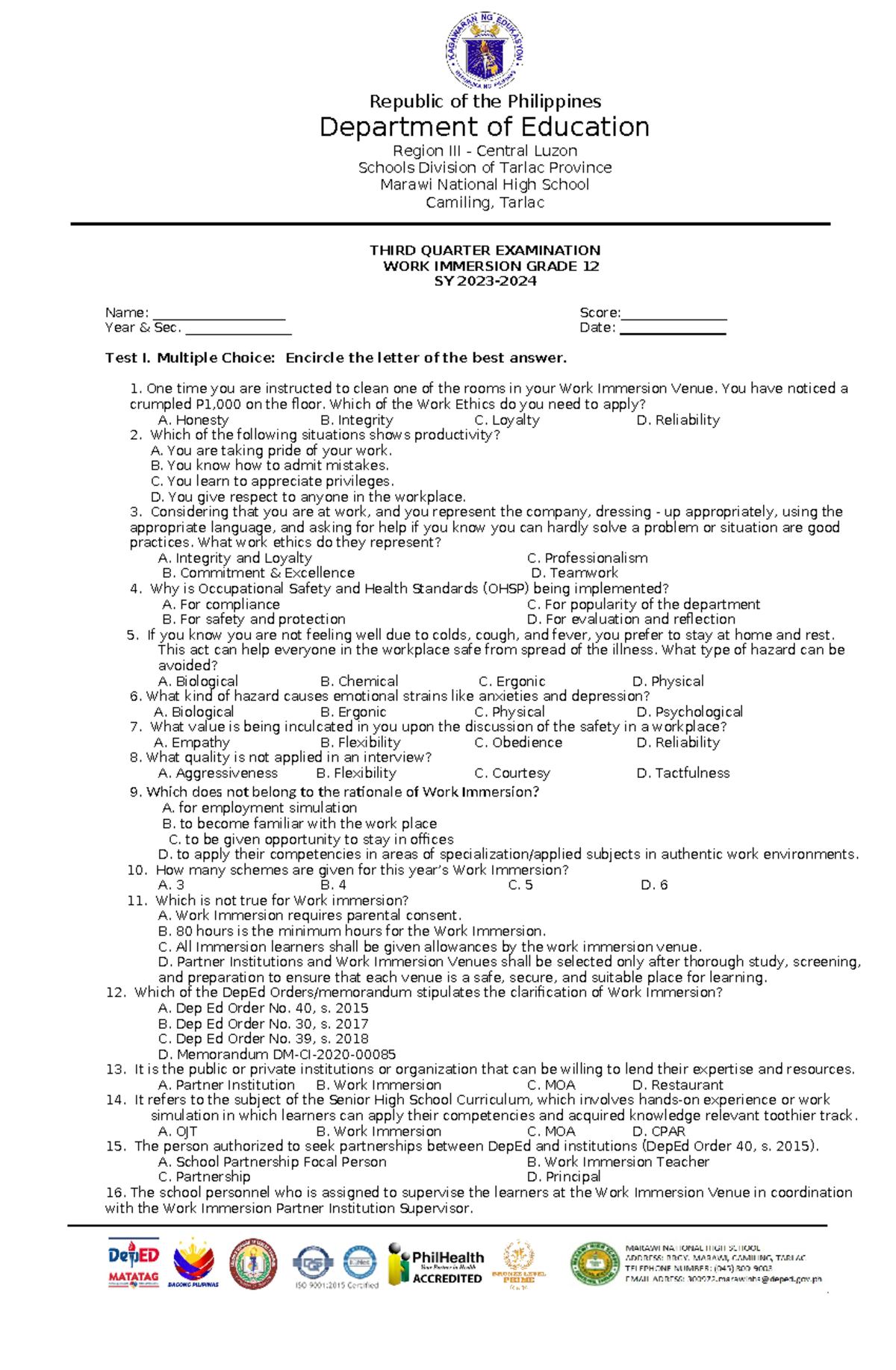 EXAM WORK Immersion 2023 2024 1 - Department of Education Region III ...