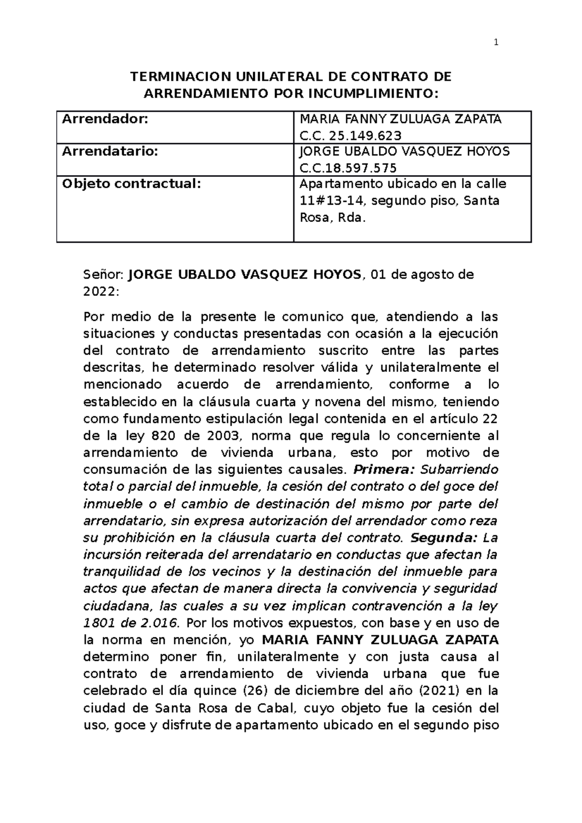 Terminacion Unilateral Contrato DE Arrendamiento Vivienda Urbana - 1 ...