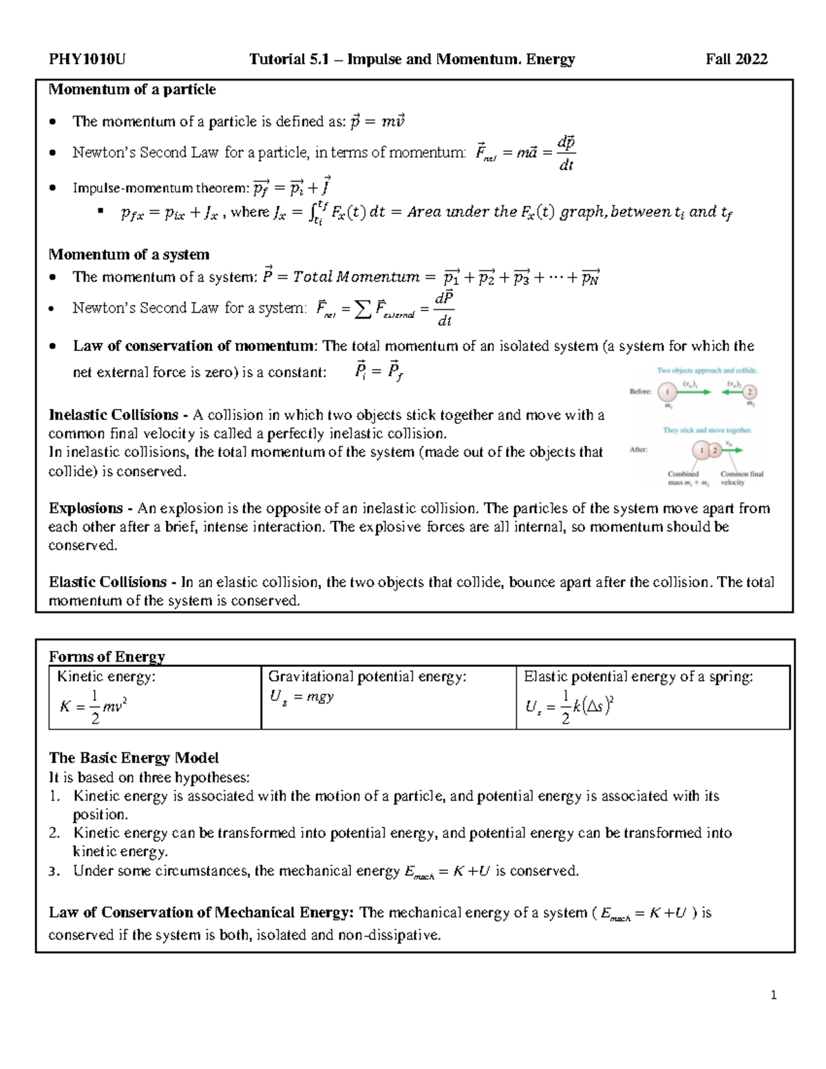 T5 - tutorial 5 - PHY1010U Tutorial 5 – Impulse and Momentum. Energy Fall 2022 Momentum of a ...