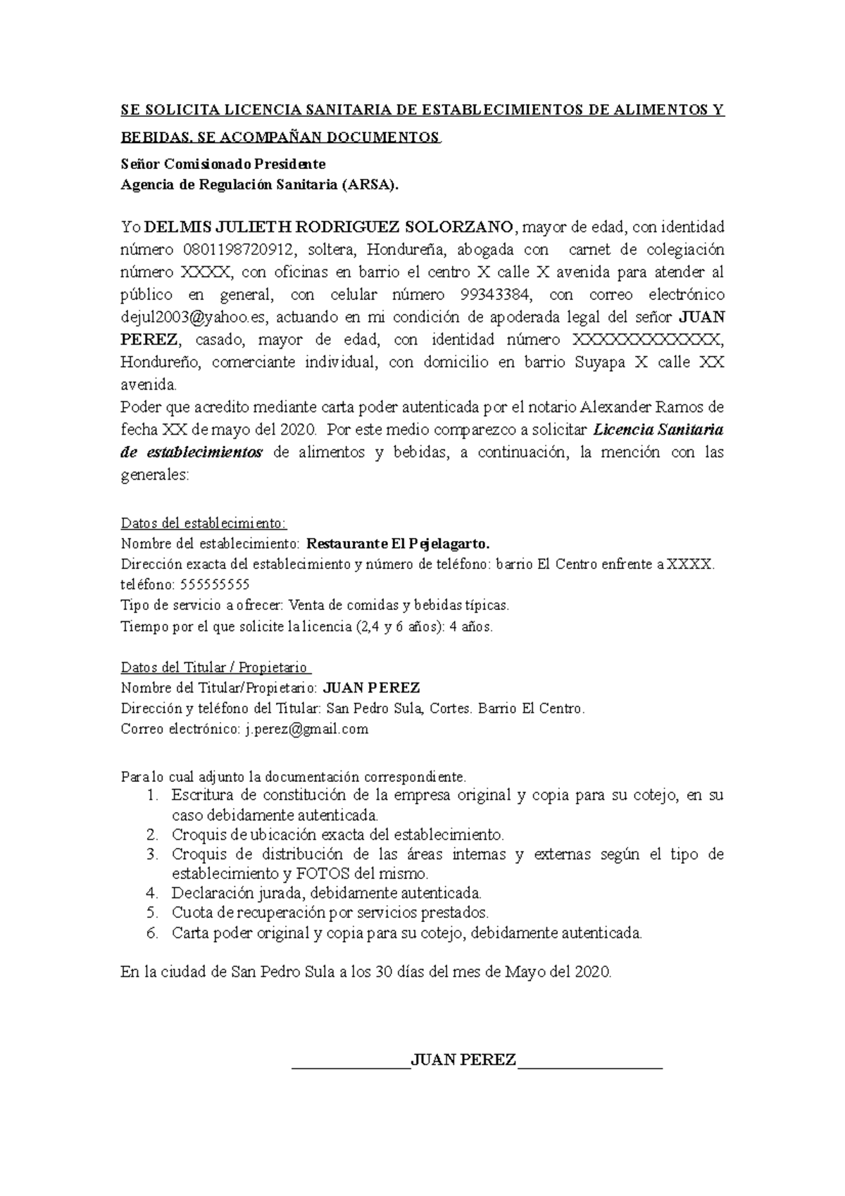 Final Solicitud para Licencia Sanitaria Delmis Rodriguez - SE SOLICITA ...