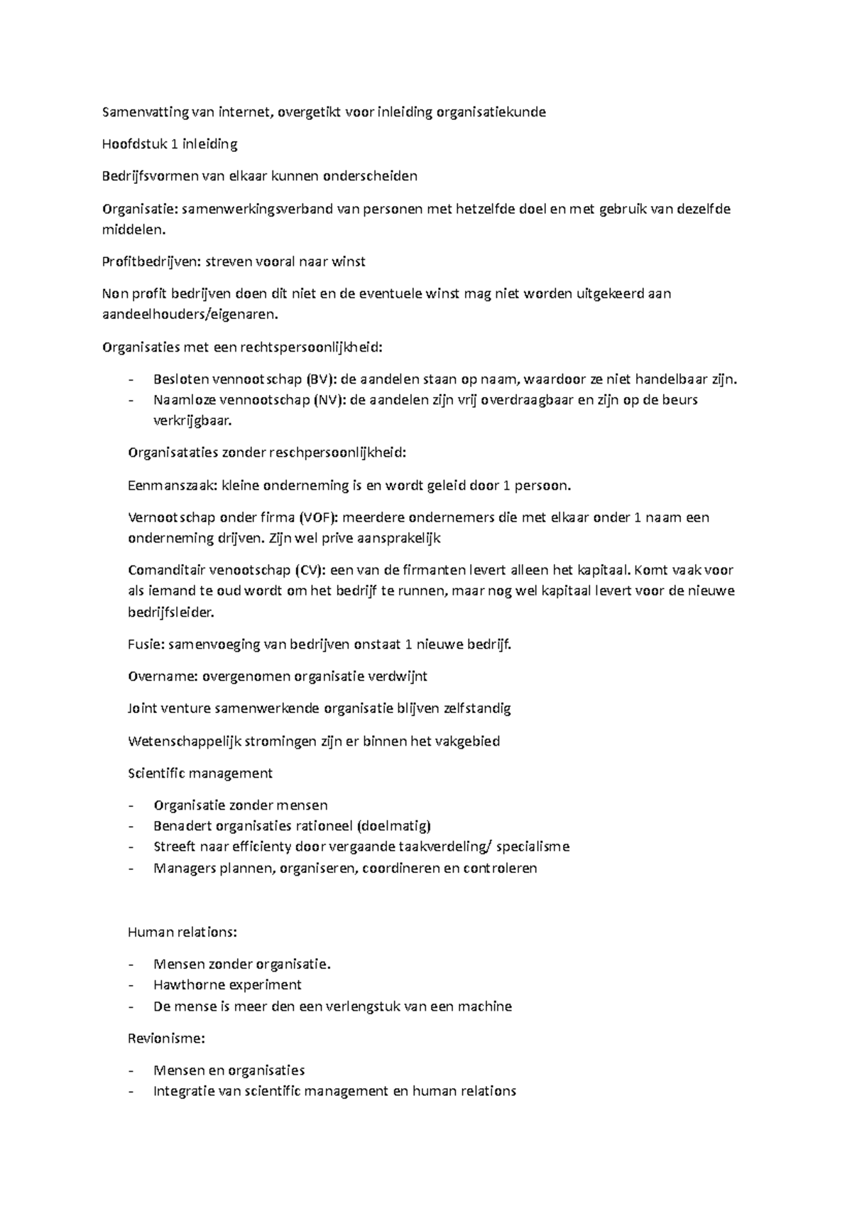 organisatiekunde H1 - Samenvatting van internet, overgetikt voor inleiding organisatiekunde ...