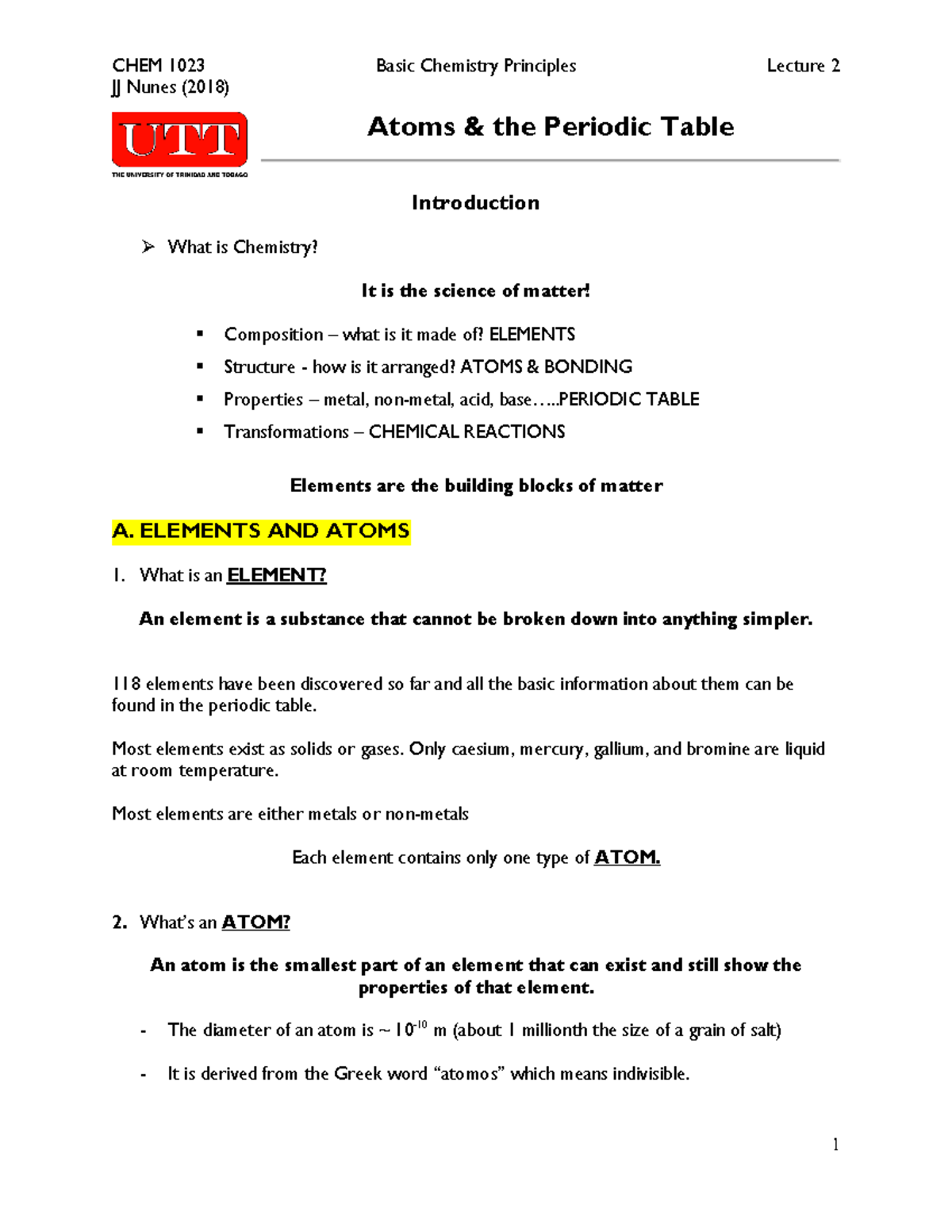 Lecture 2 Atoms and the Periodic Table - JJ Nunes (2018) Atoms & the ...
