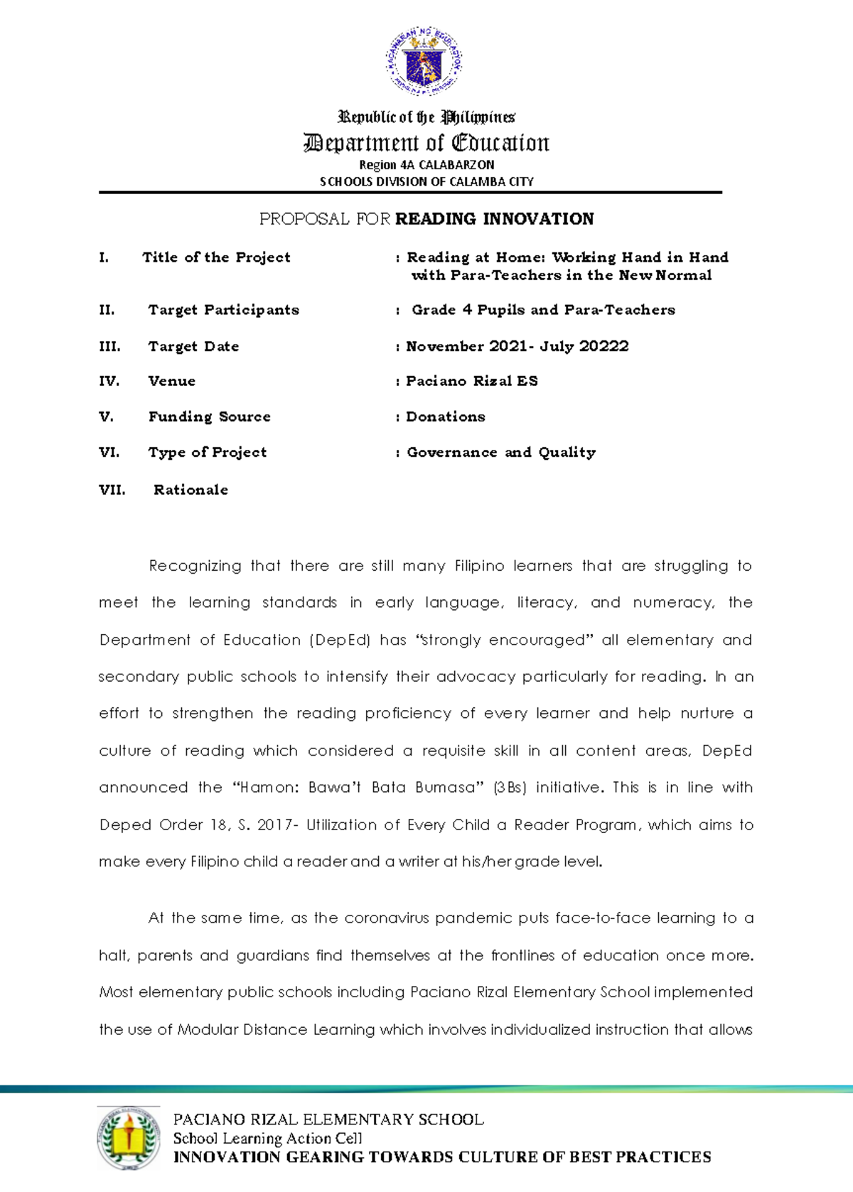 Grade 4 Project Proposal (Innovation) - PACIANO RIZAL ELEMENTARY SCHOOL ...