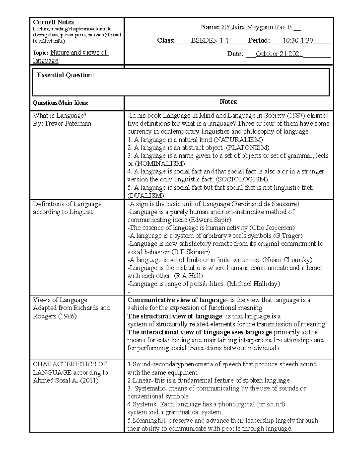 Cornell Notetaking Template 15 - Cornell Notes Lecture, reading/chapter ...