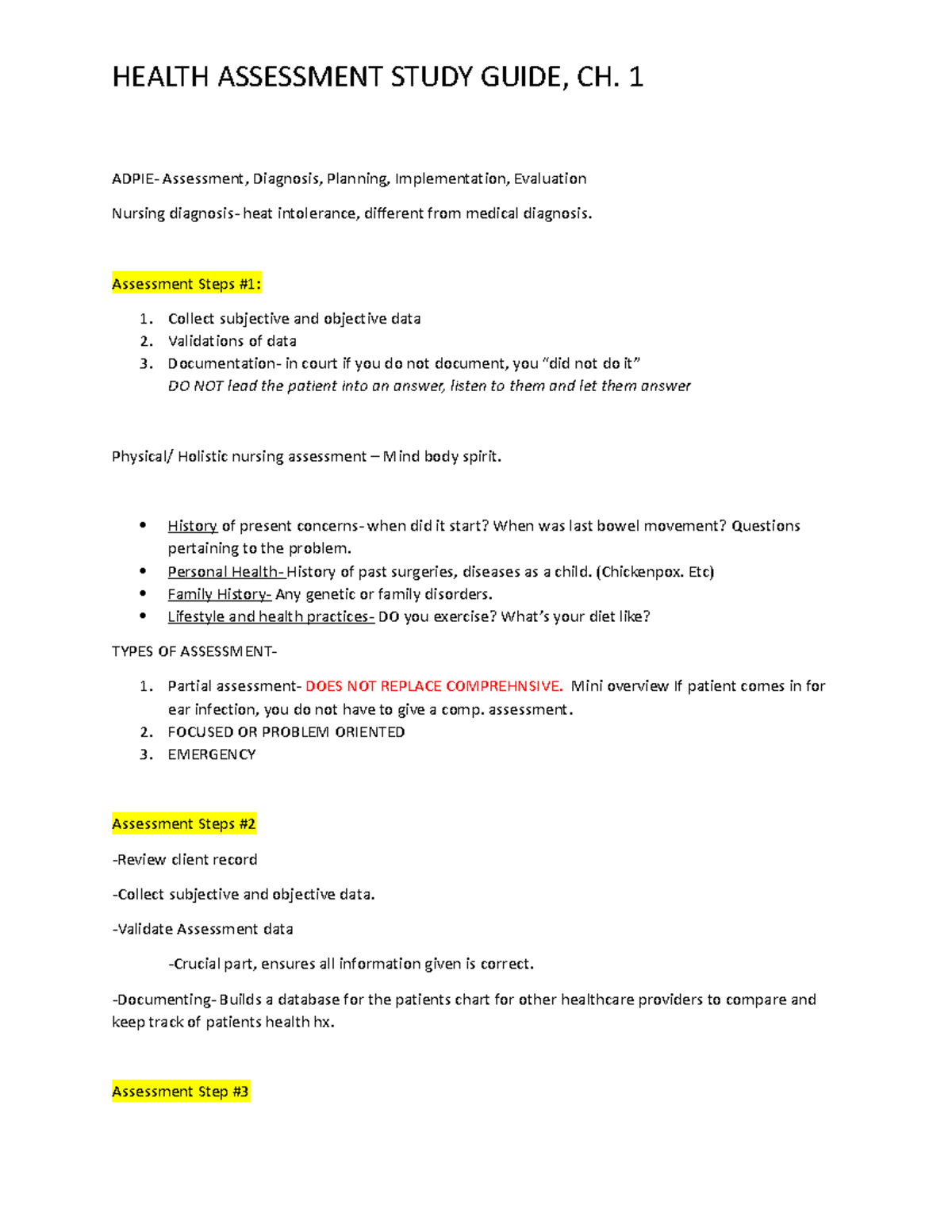 CH.1 Study Guide - HEALTH ASSESSMENT STUDY GUIDE, CH. 1 ADPIE ...
