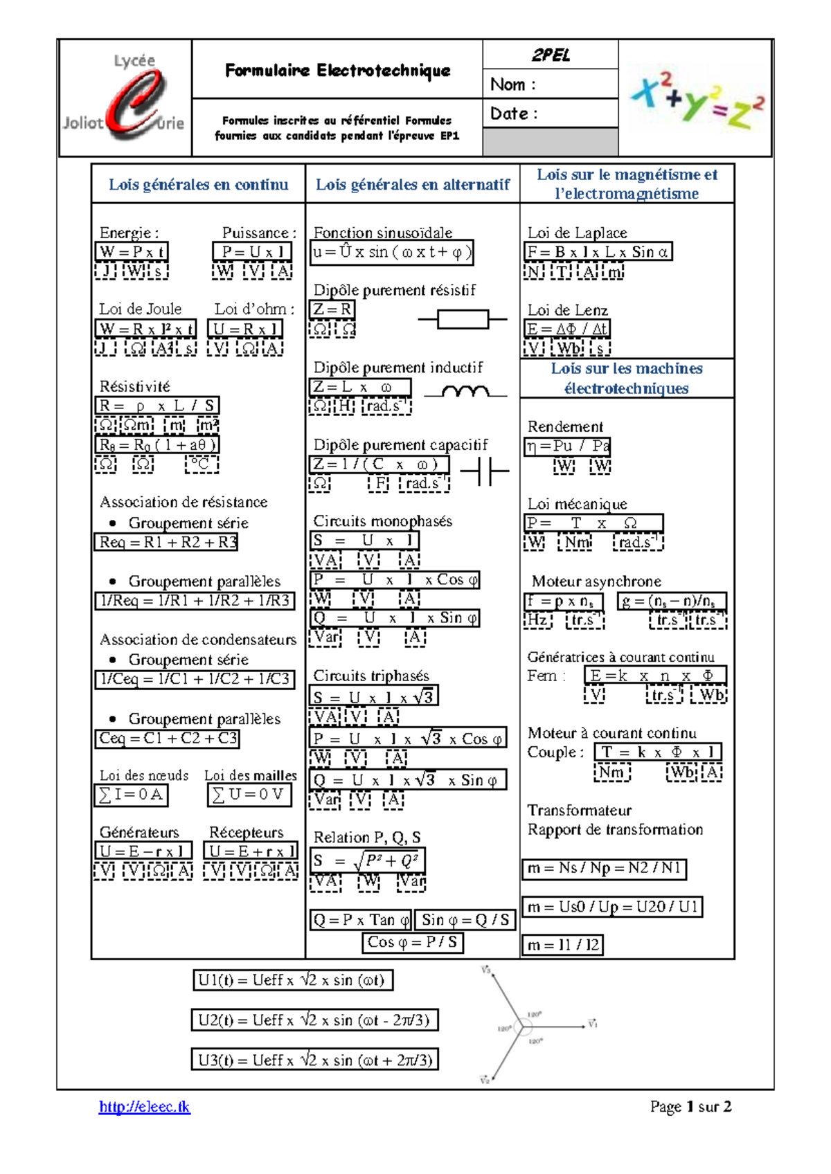 Formulaire - Is good - Formulaire Electrotechnique 2PEL Nom : Formules ...