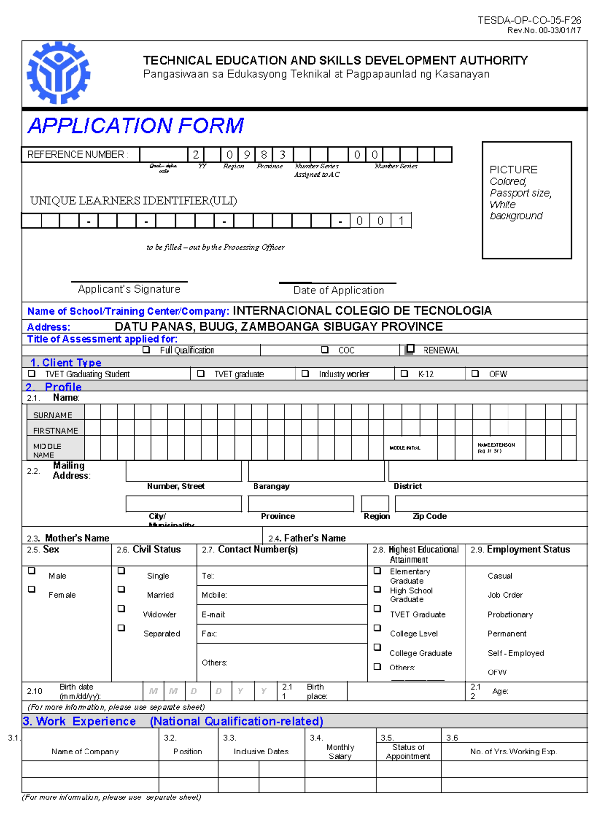 Application FORM Front (10) - TESDA-OP-CO-05-F Rev. 00-03/01/ TECHNICAL ...
