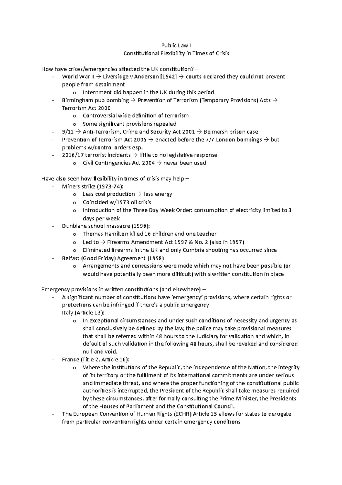 Public Law I 01 Lecture Notes Public Law I Constitutional Flexibility In Times Of Crisis How