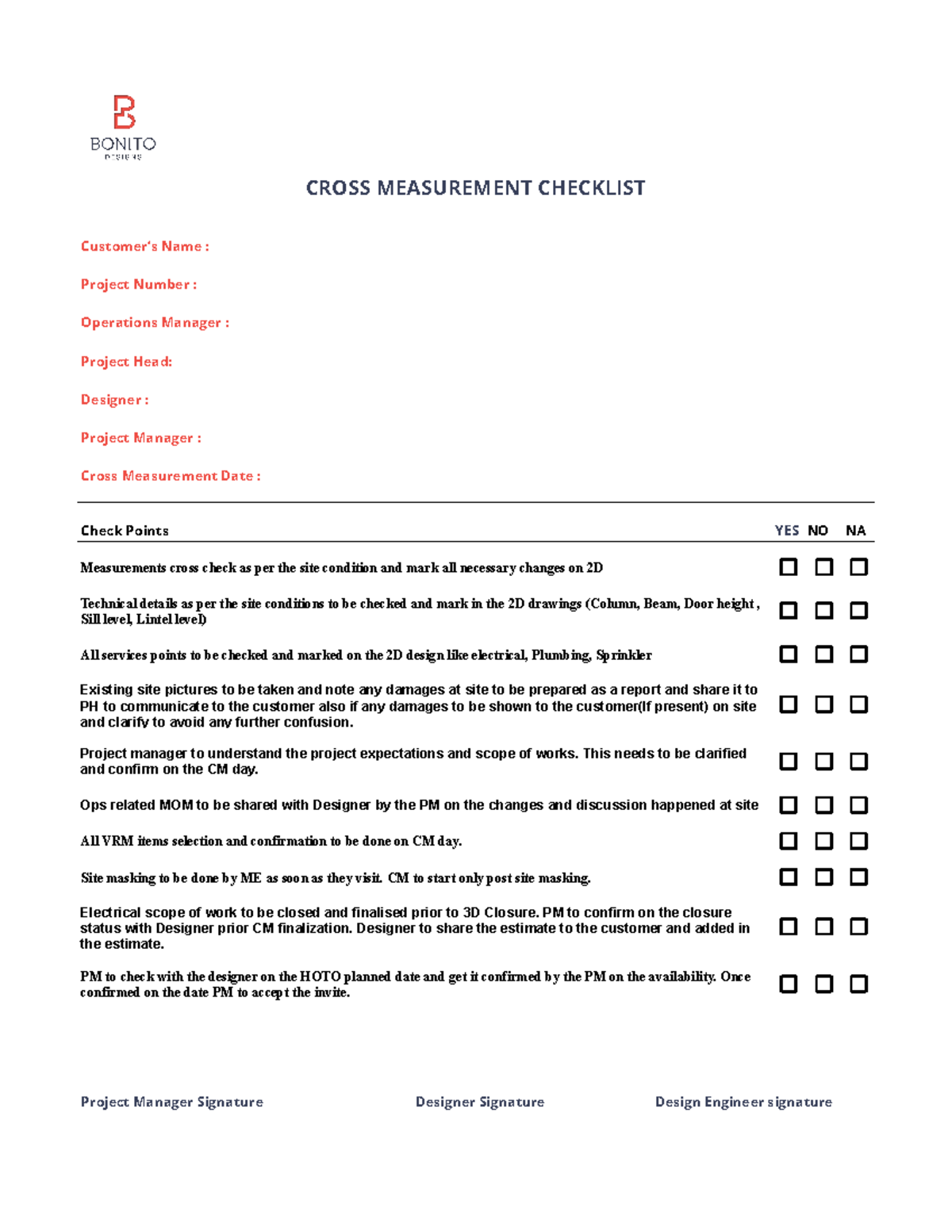 Cross Measurement Checklist - CROSS MEASUREMENT CHECKLIST Customer’s ...