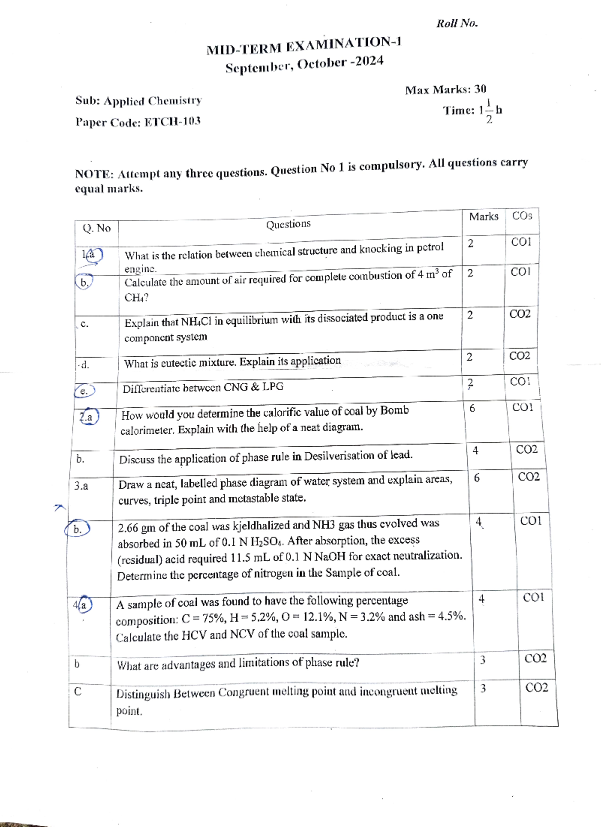 Applied Chemistry Mid sem Question Paper - Sub: Applied Chemistry Paper Code: ETCH- Q. No Kb,) C ...