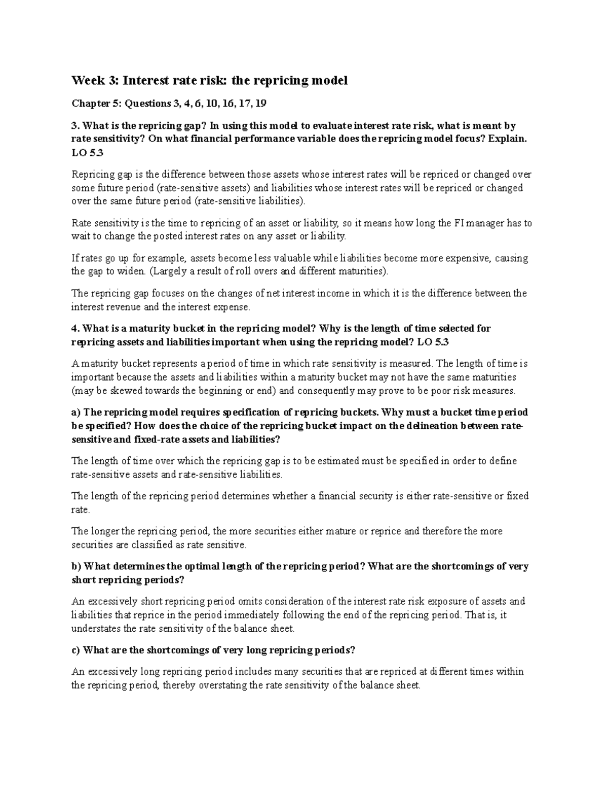 BFC3170 Week 3 Tutorial Answers - Week 3: Interest rate risk: the repricing model Chapter 5 ...