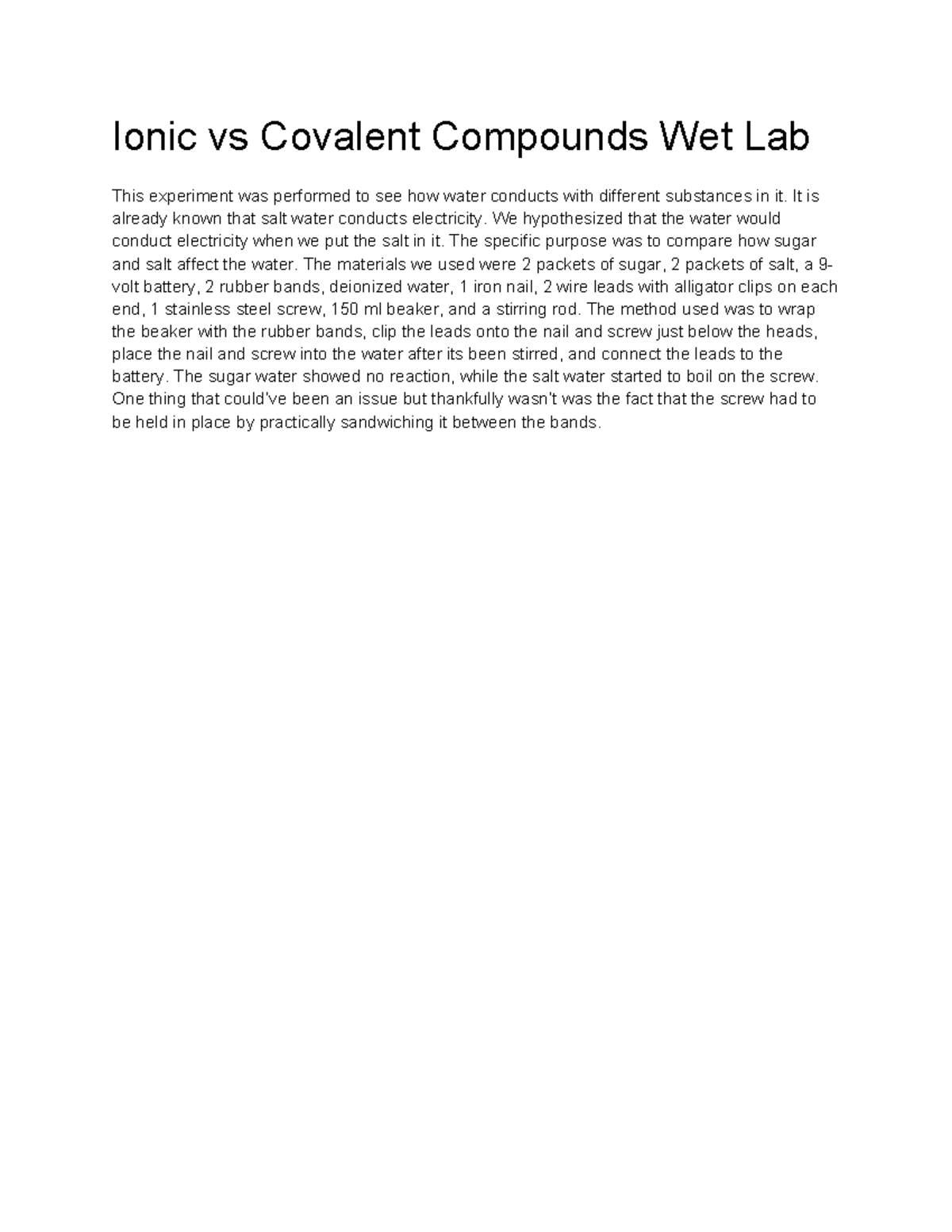 Ionic vs Covalent Compounds Wet Lab Report - Ionic vs Covalent ...