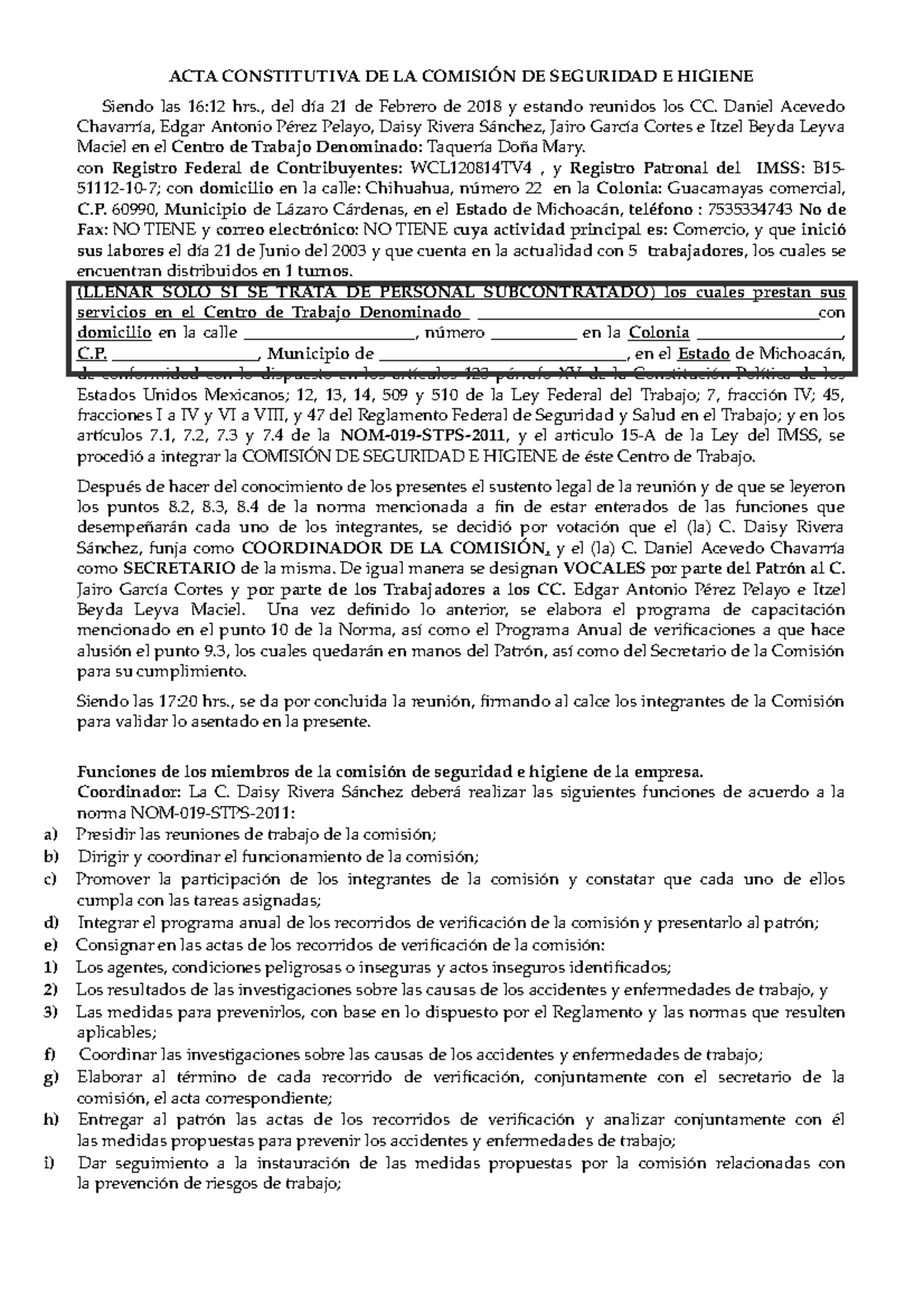 Acta constitutiva seguridad e higiene - ACTA CONSTITUTIVA DE LA COMISIÓN DE SEGURIDAD E HIGIENE ...