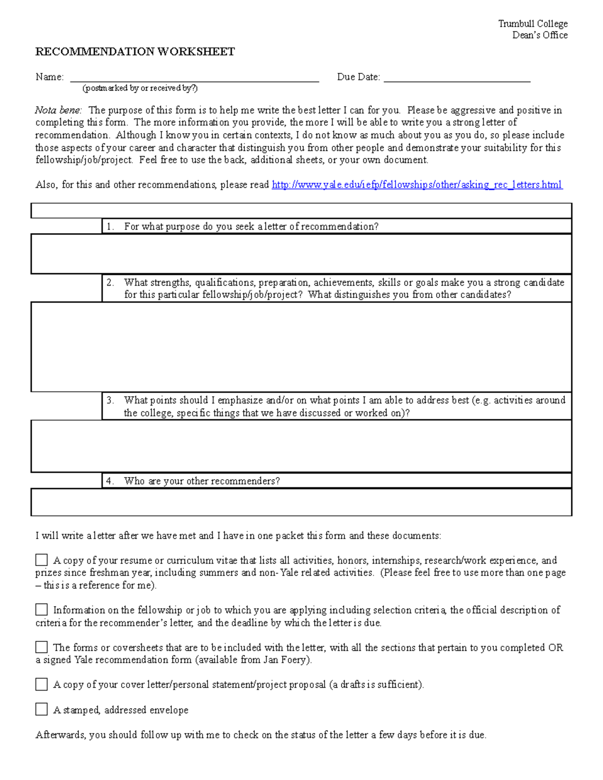Recommendation- Worksheet - Trumbull College Dean’s Office ...