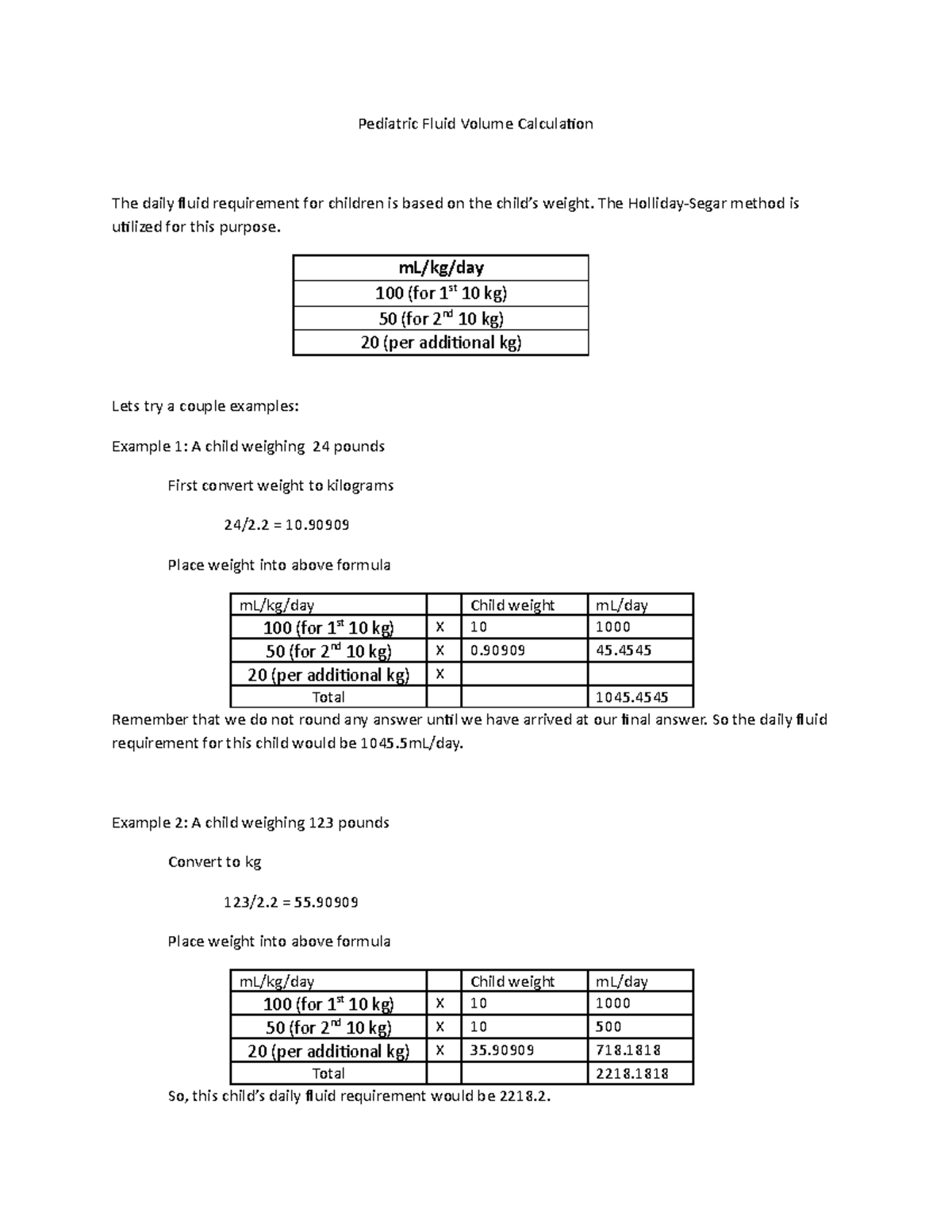 Pediatric Fluid Volume Calculation - NUR 102 - Owens - Studocu