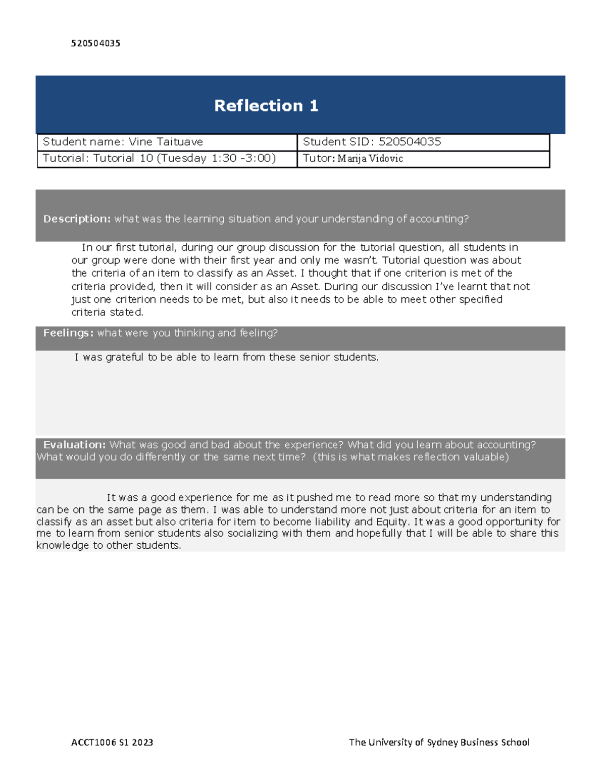 Reflection template 1 s1 2023 - 520504035 Reflection 1 Student name ...