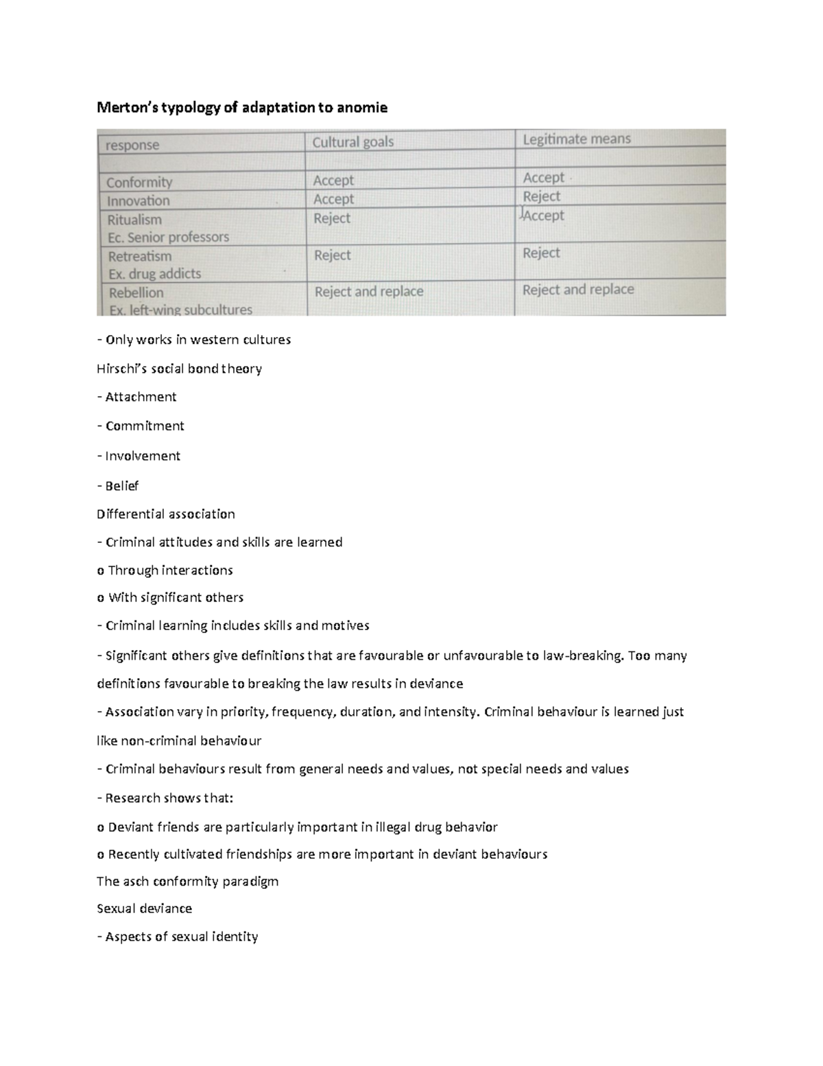 Merton - Merton’s typology of adaptation to anomie - Only works in ...