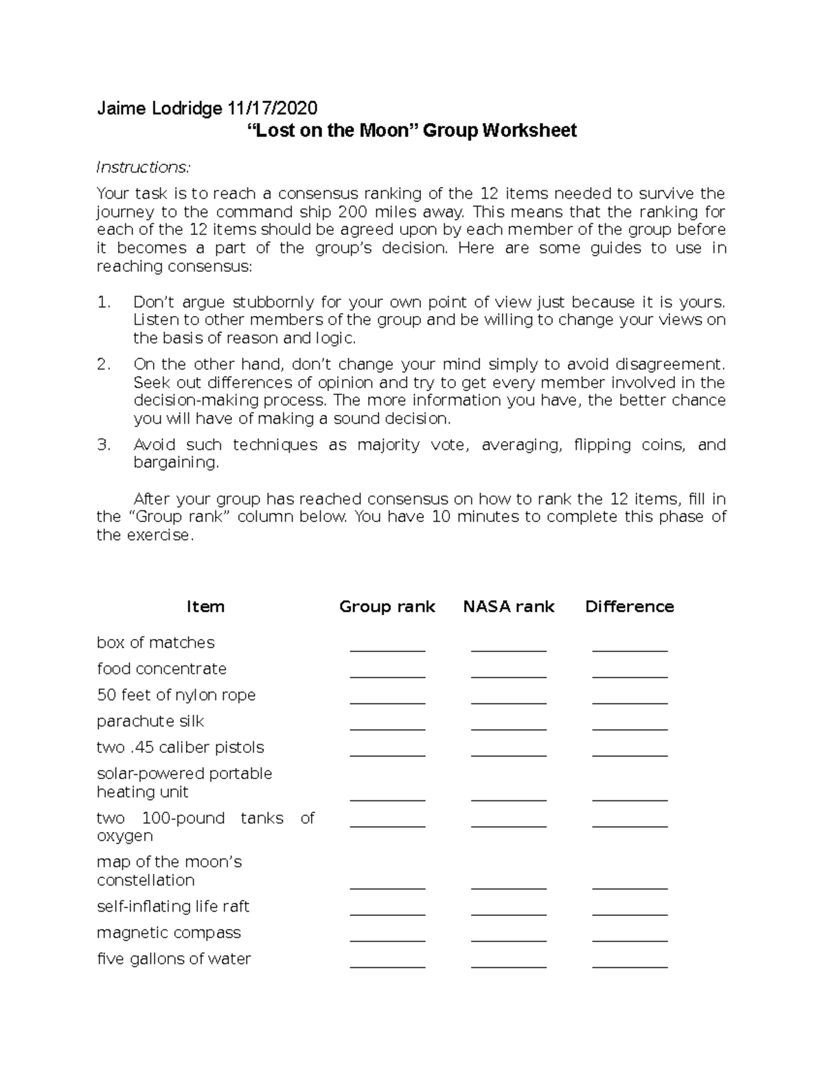 Lost on the Moon-student worksheet page 2 - Jaime Lodridge 11/17/ “Lost ...