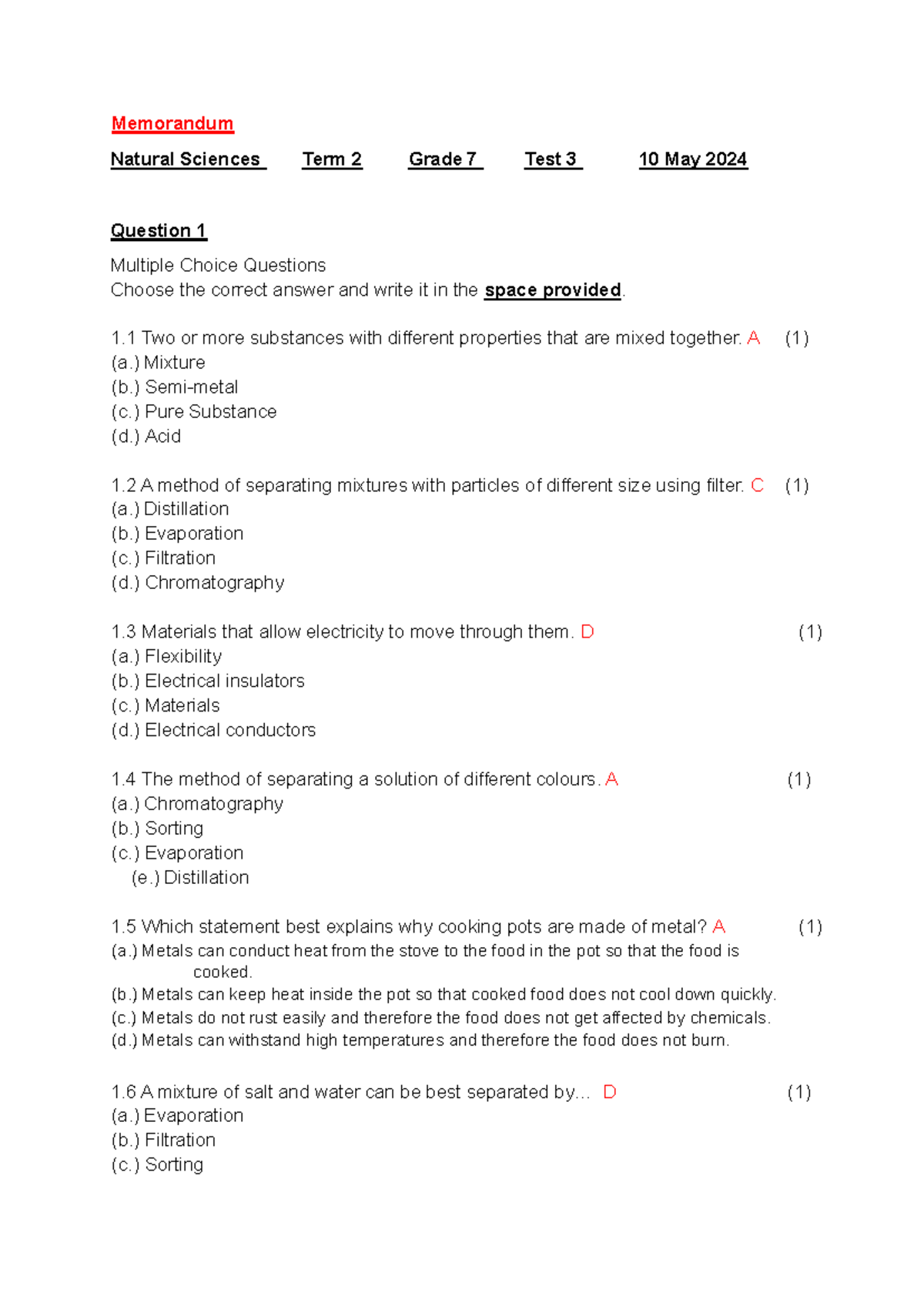 Grade 7 NS MEMO. 3 - Memorandum Natural Sciences Term 2 Grade 7 Test 3 ...