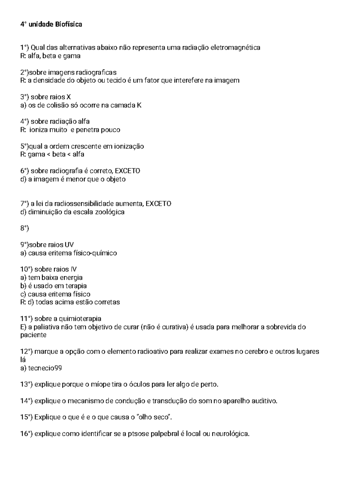 Quarta avaliação biofísica para radiologia - 4° unidade Biofísica 1 ...