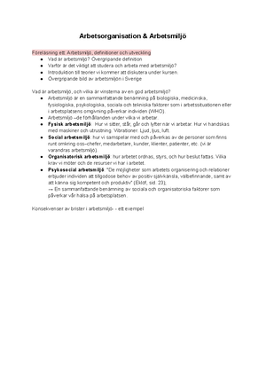 Arbetsmiljö - arbetsmarknadskunskap med management II - Fråga 1 ...