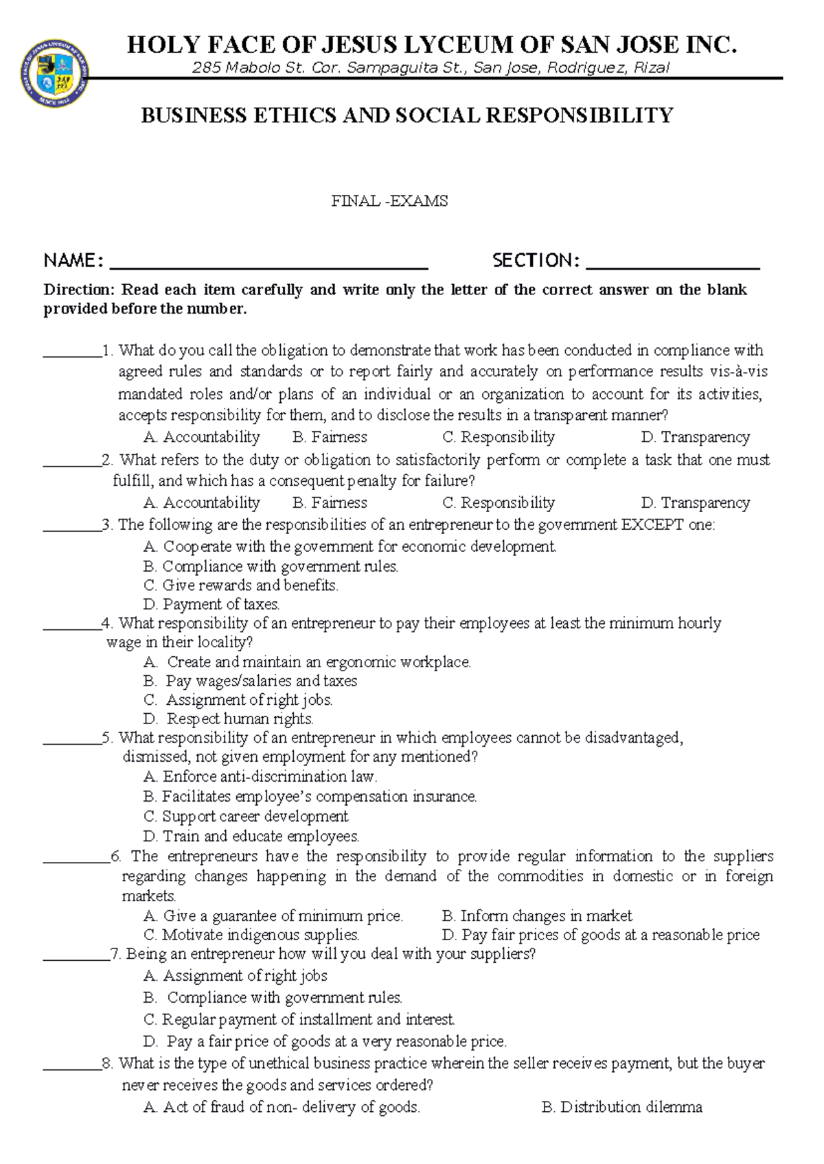 TEST Draft -Business-Ethics-12-final - 285 Mabolo St. Cor. Sampaguita ...
