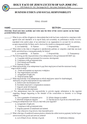TOS- Business- Ethics - TABLE OF SPECIFICATION Date: APRIL -1 SY. 2023 ...