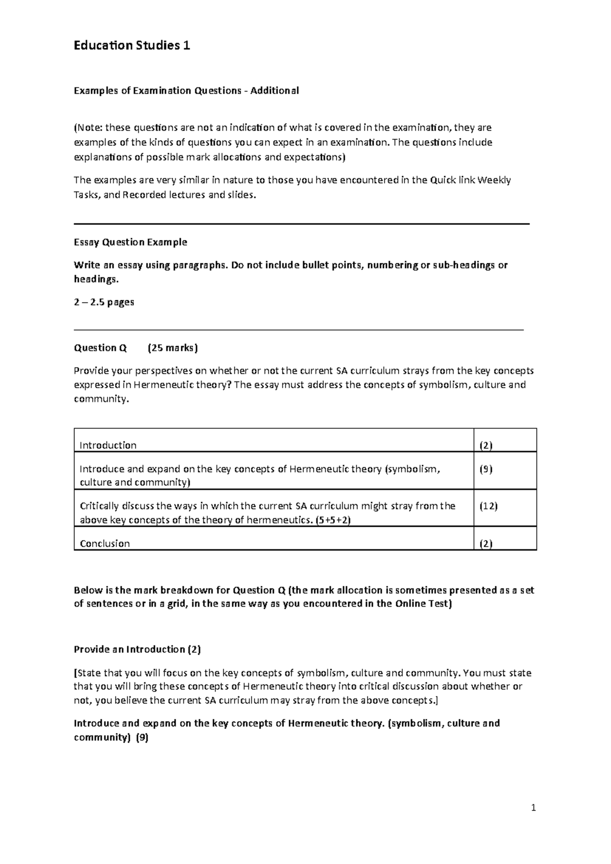 EDSA700 Examples of Examination Questions - Additional - Examples of ...