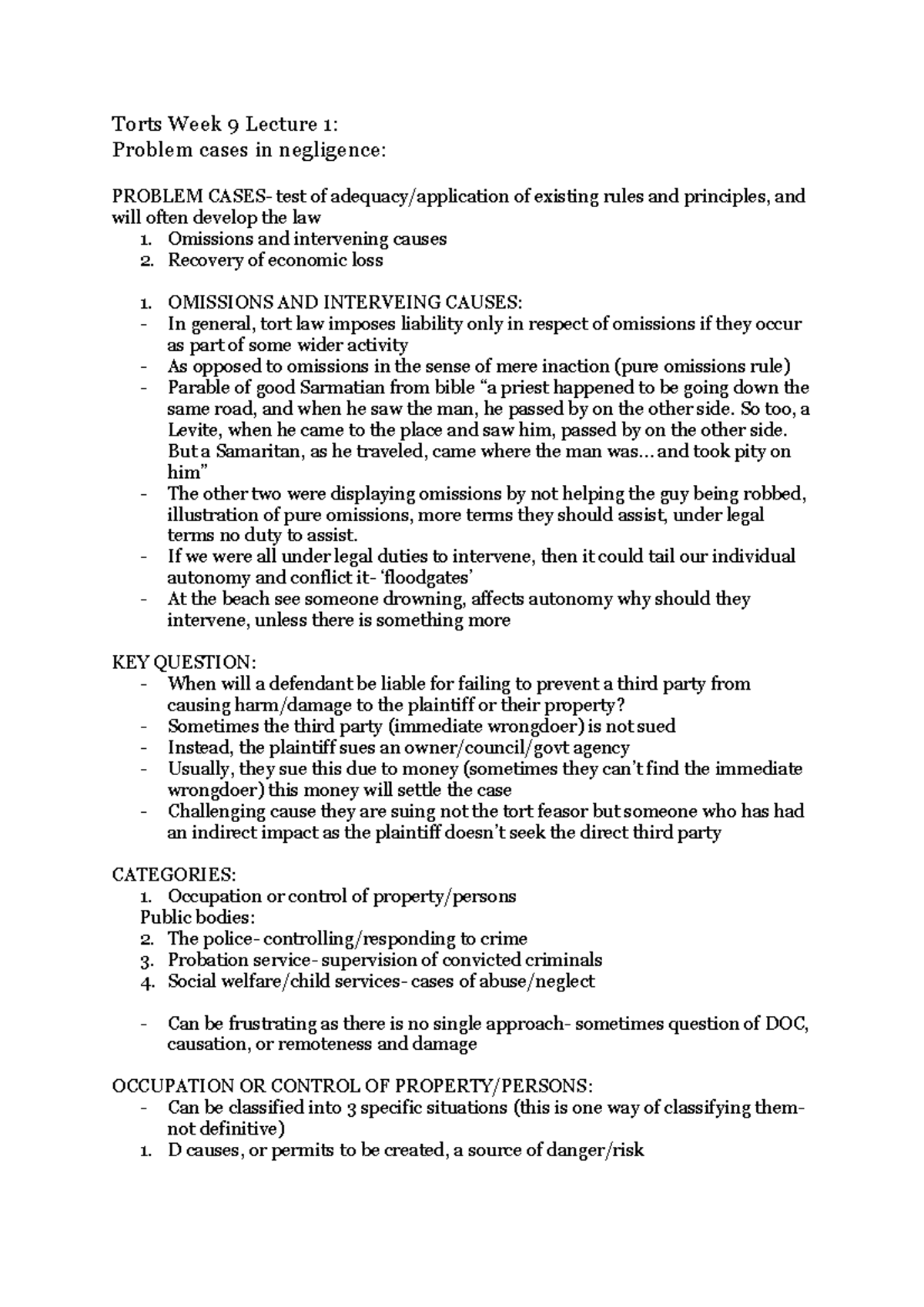 Torts Week 9 Lecture 1 - Torts Week 9 Lecture 1: Problem cases in negligence: PROBLEM CASES ...